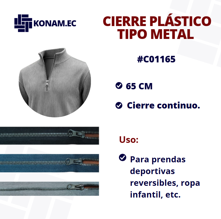 CIERRE PLÁSTICO TIPO METAL 65CM #C01165 | Grupo Konam
